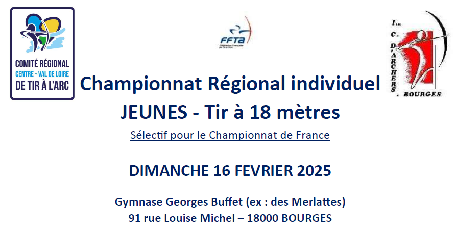 Championnat Régional Tir à 18m - JEUNES - Comité Régional Centre-Val de Loire de Tir à l'Arc